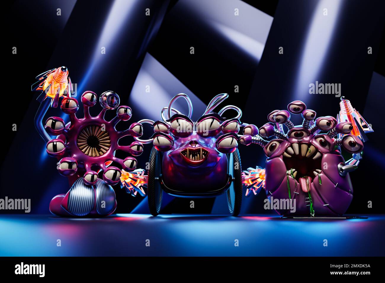 Evil pink cartoon monsters with a huge number of eyes, sight eyes ...