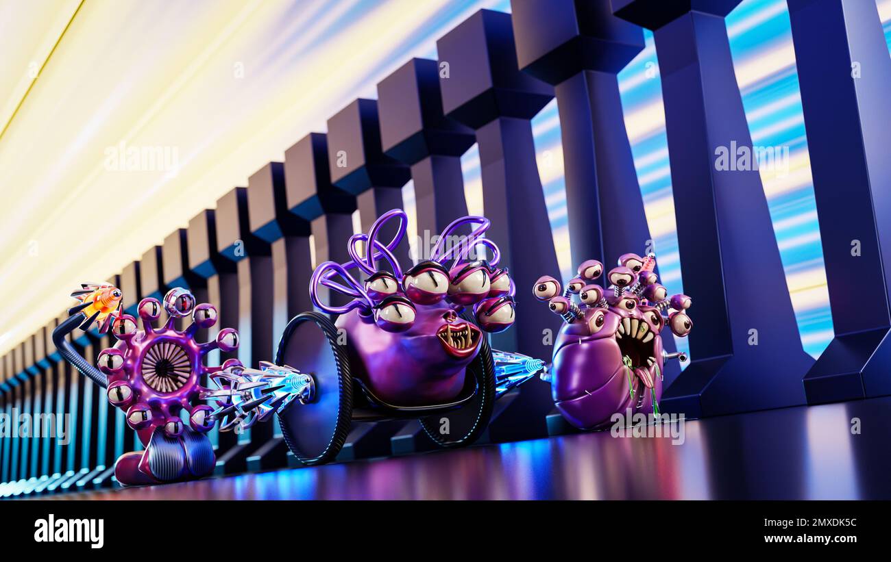 Evil pink cartoon monsters with a huge number of eyes, a sight, a ...