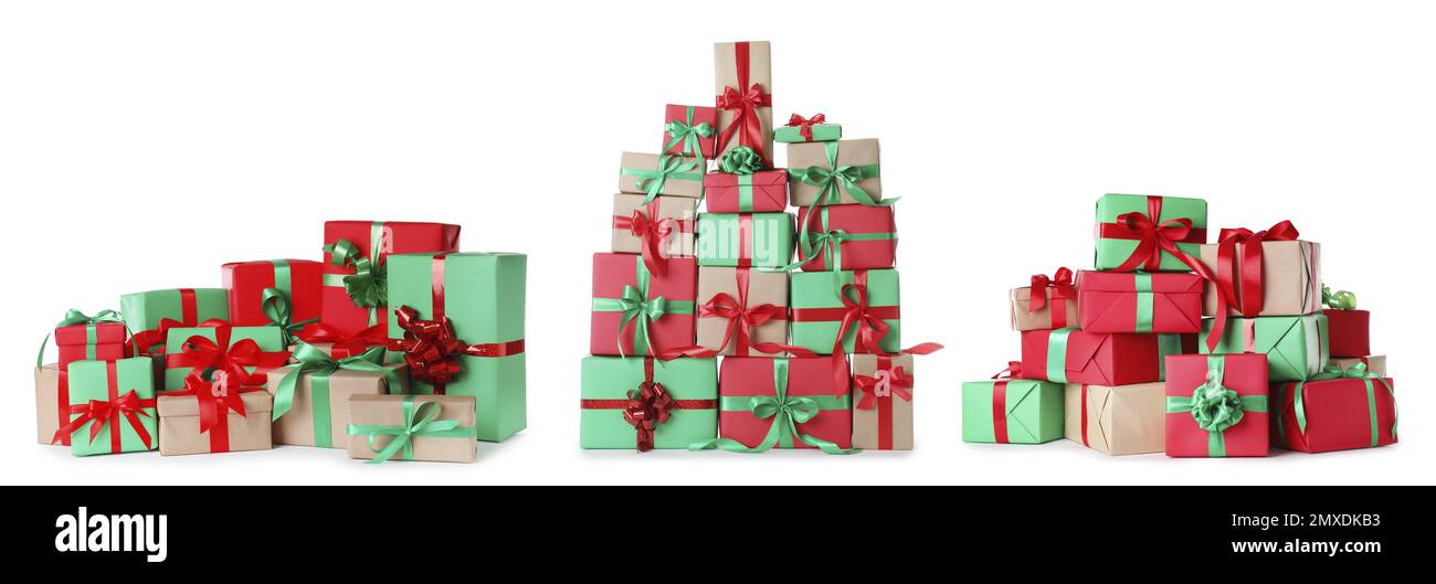 Set with piles of Christmas gift boxes on white background. Banner ...