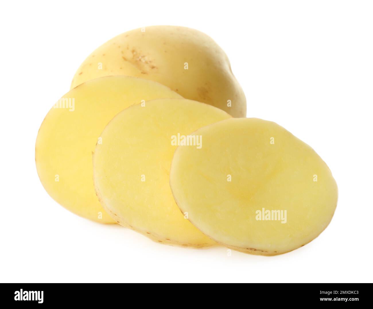 Whole and cut fresh raw organic potatoes on white background Stock ...