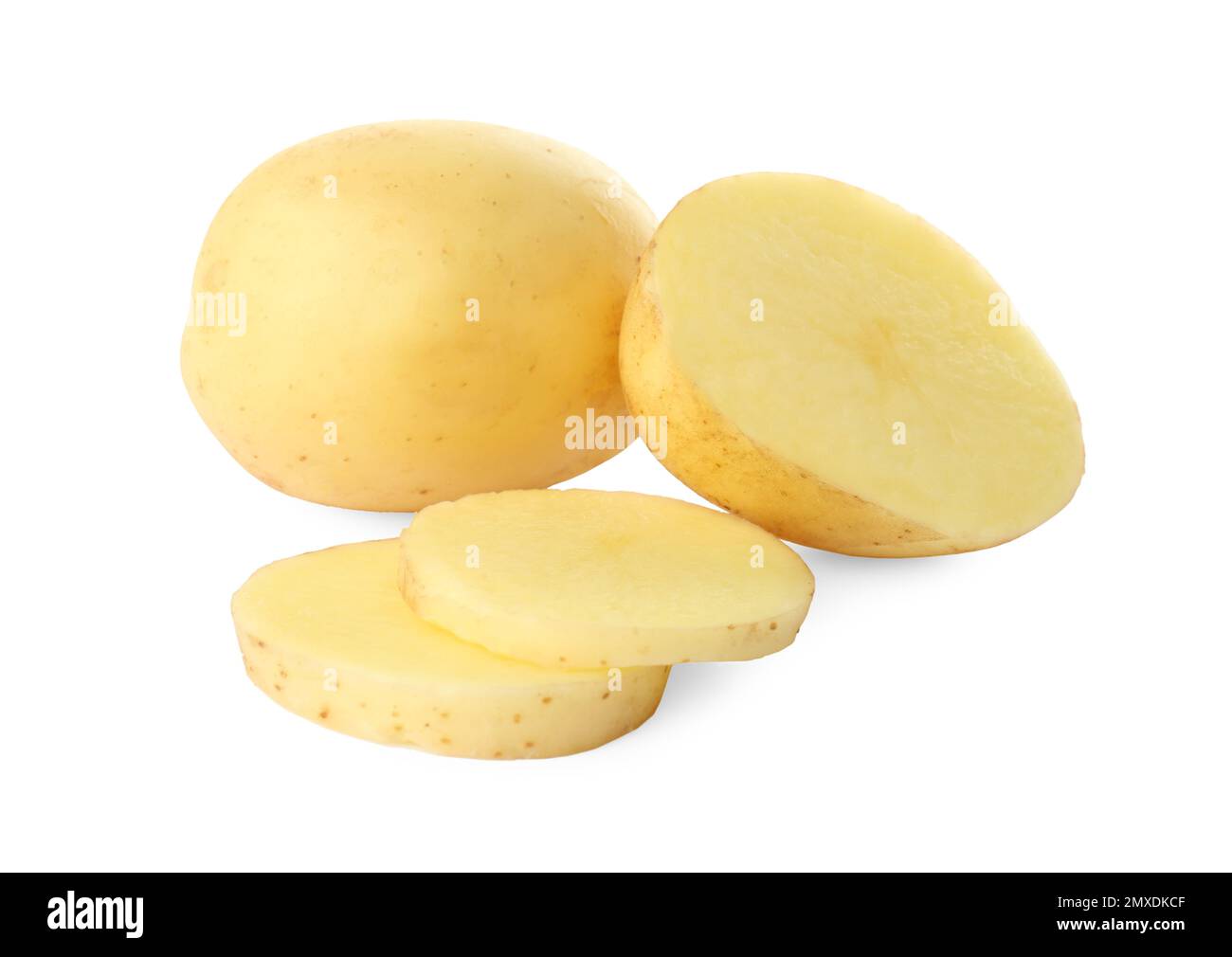Whole and cut fresh raw organic potatoes on white background Stock ...