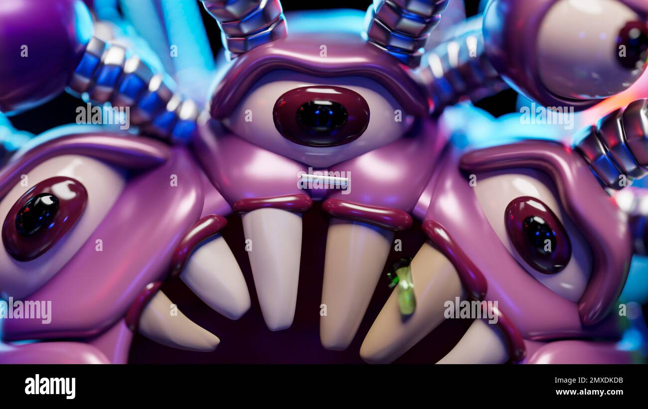 close-up creepy monster with a huge number of eyes and fangs. 3D ...
