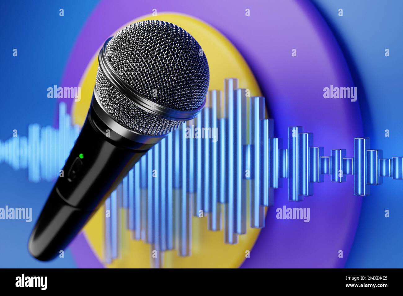 Silver microphone, model against the background of equalizer lines ...