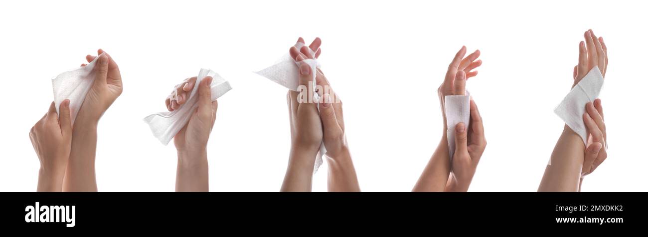 Closeup view of people cleaning hands with wet wipes on white ...