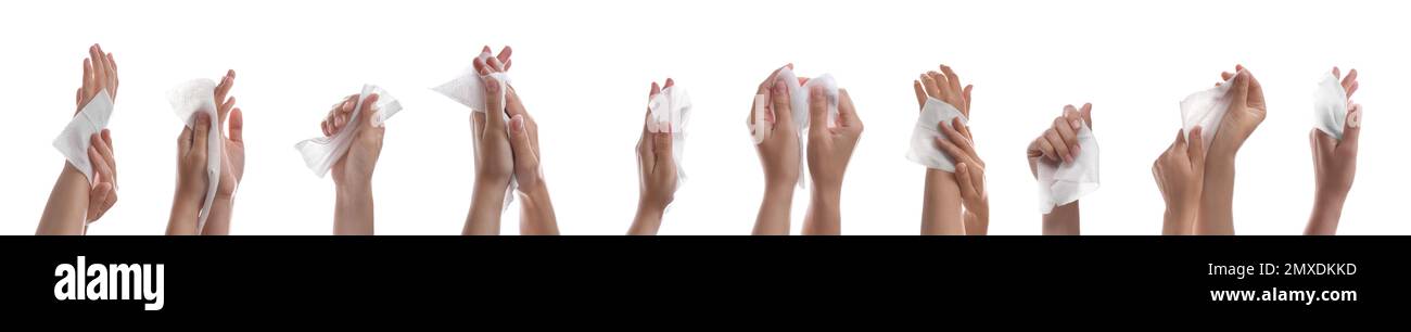 Closeup view of people cleaning hands with wet wipes on white ...