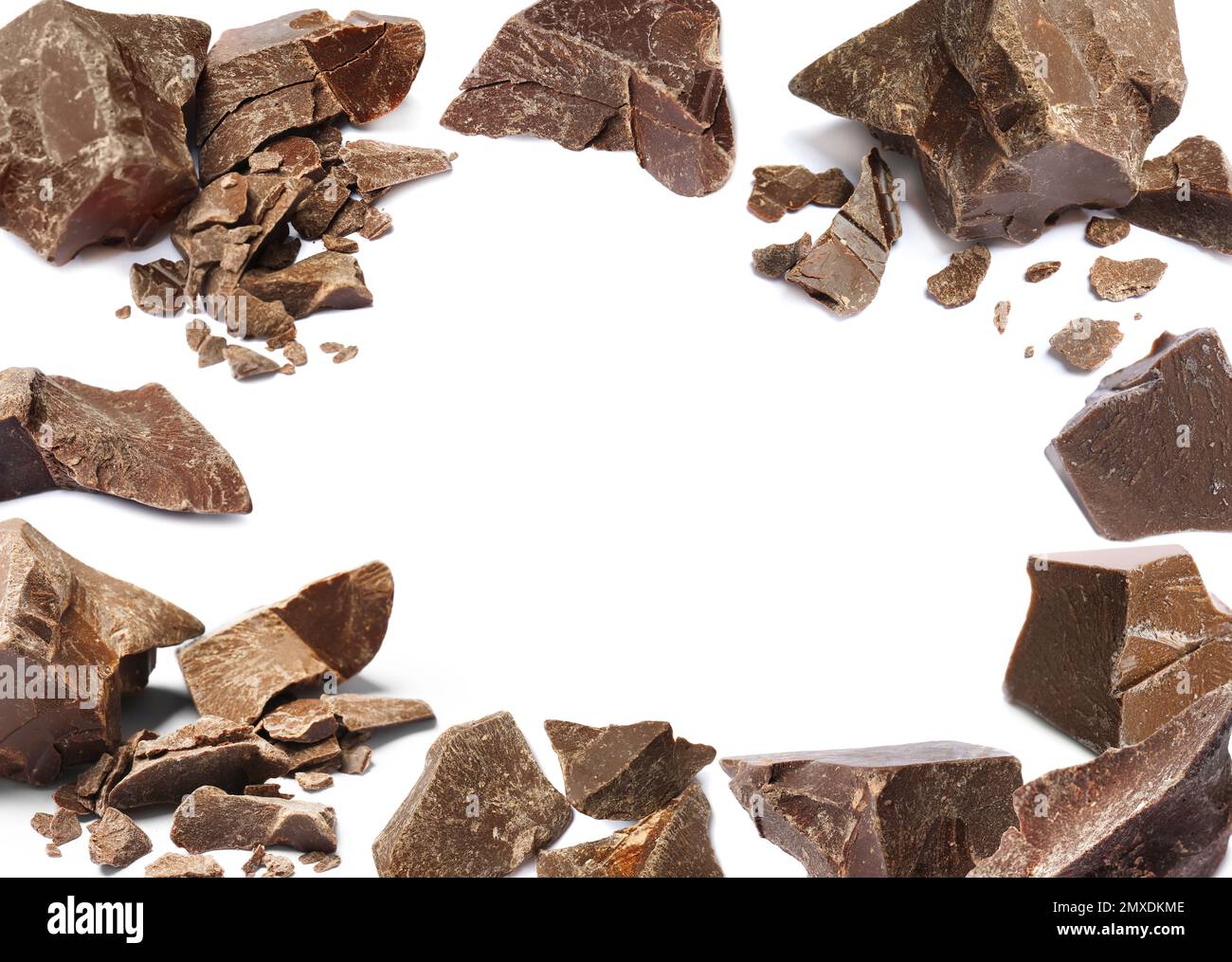 Frame made of delicious chocolate chunks on white background. Space for ...