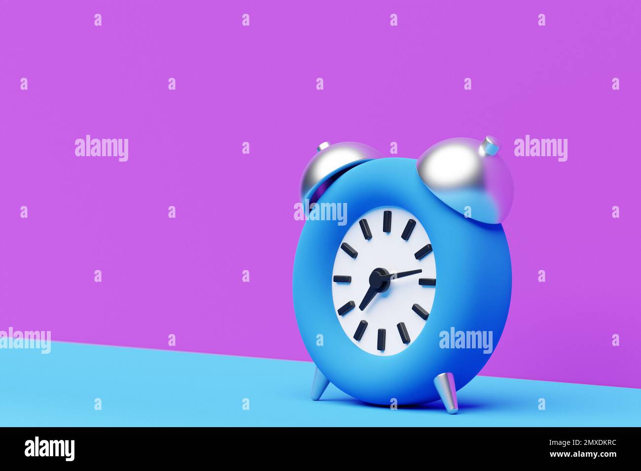 3d Illustration Blue Cartoon Wake Up Alarm Clock On Isolated Purple And