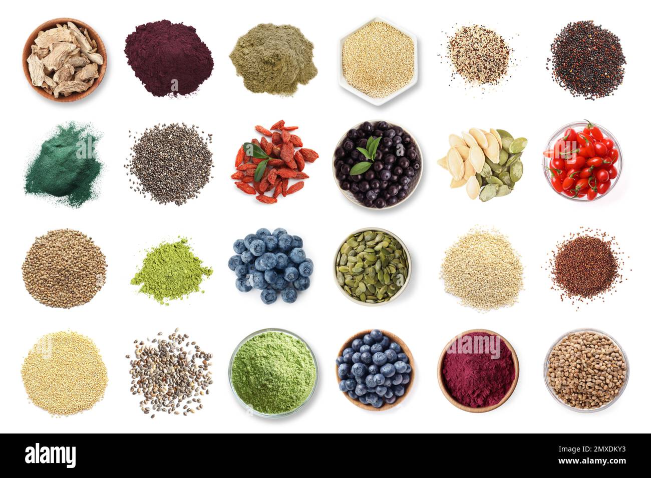 Set of different superfoods on white background, top view Stock Photo ...