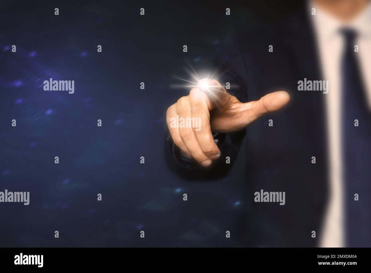 man pressing button on virtual screen Stock Photo - Alamy