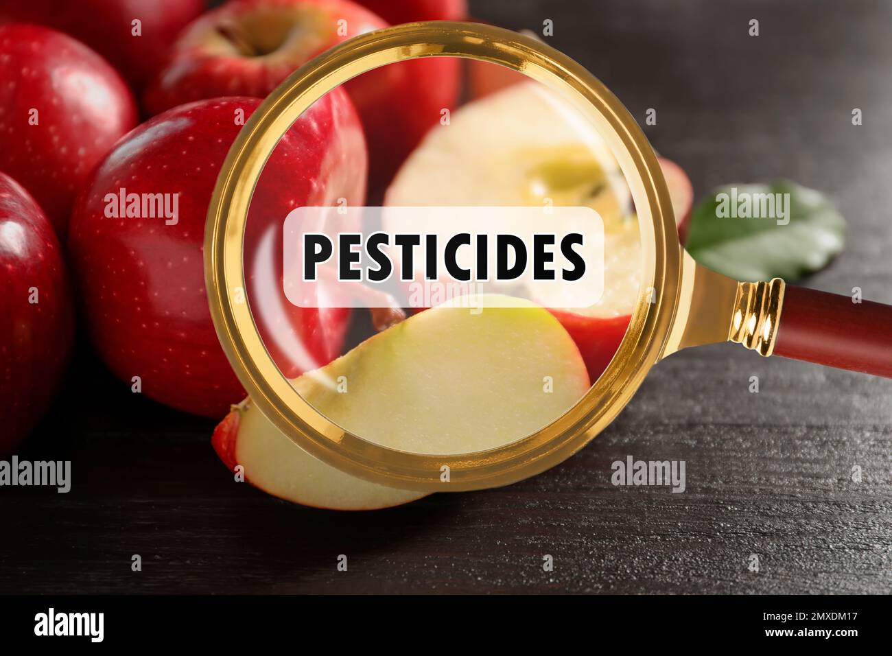 Magnifying glass with inscription Pesticides and apples. Food poisoning ...