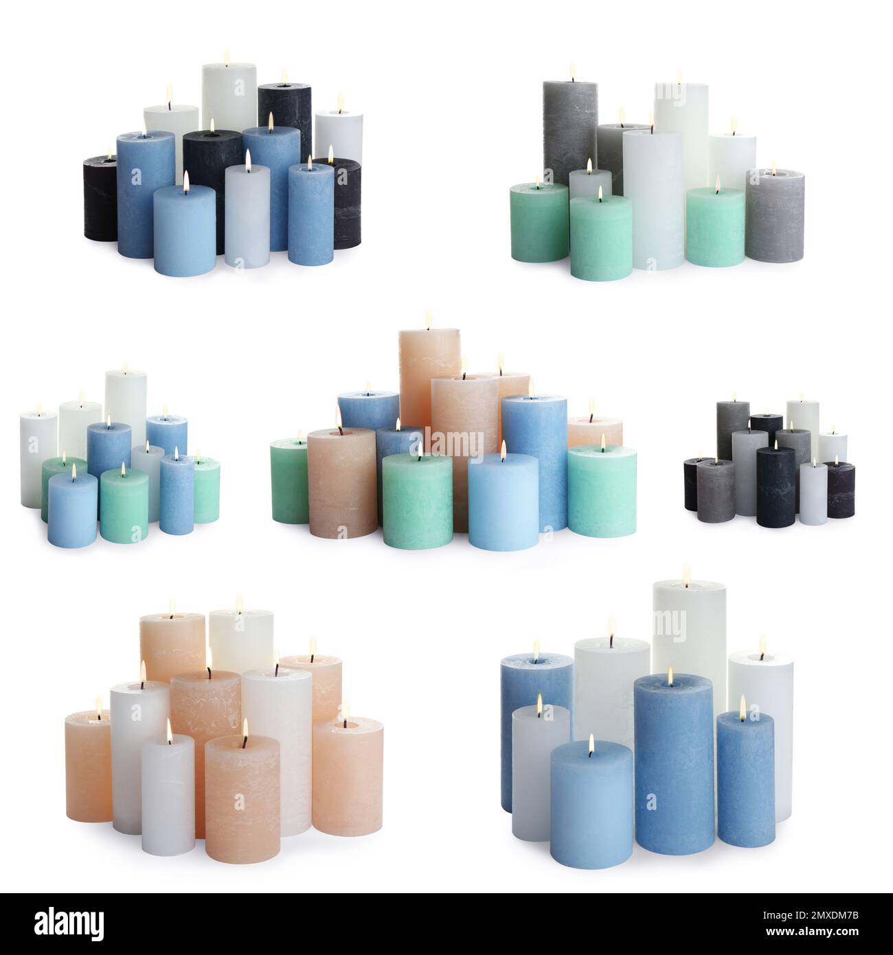 Set of burning color candles on white background Stock Photo - Alamy