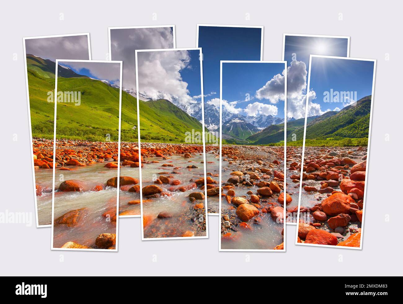 Isolated eight frames collage of picture of mountain stream in Georgia ...