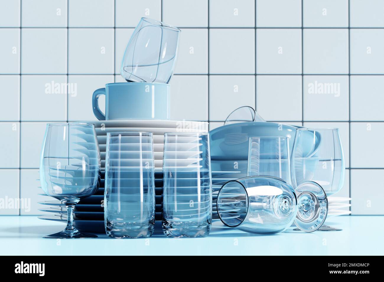 Realistic 3d illustration of an empty set of dishes. Clean dishes ...