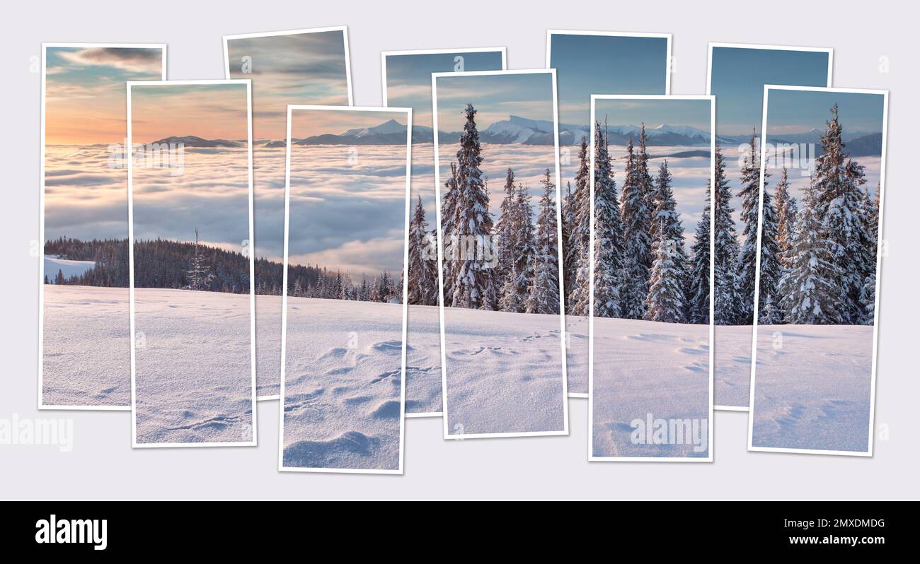 Isolated ten frames collage of picture of snowy mountain valley with ...