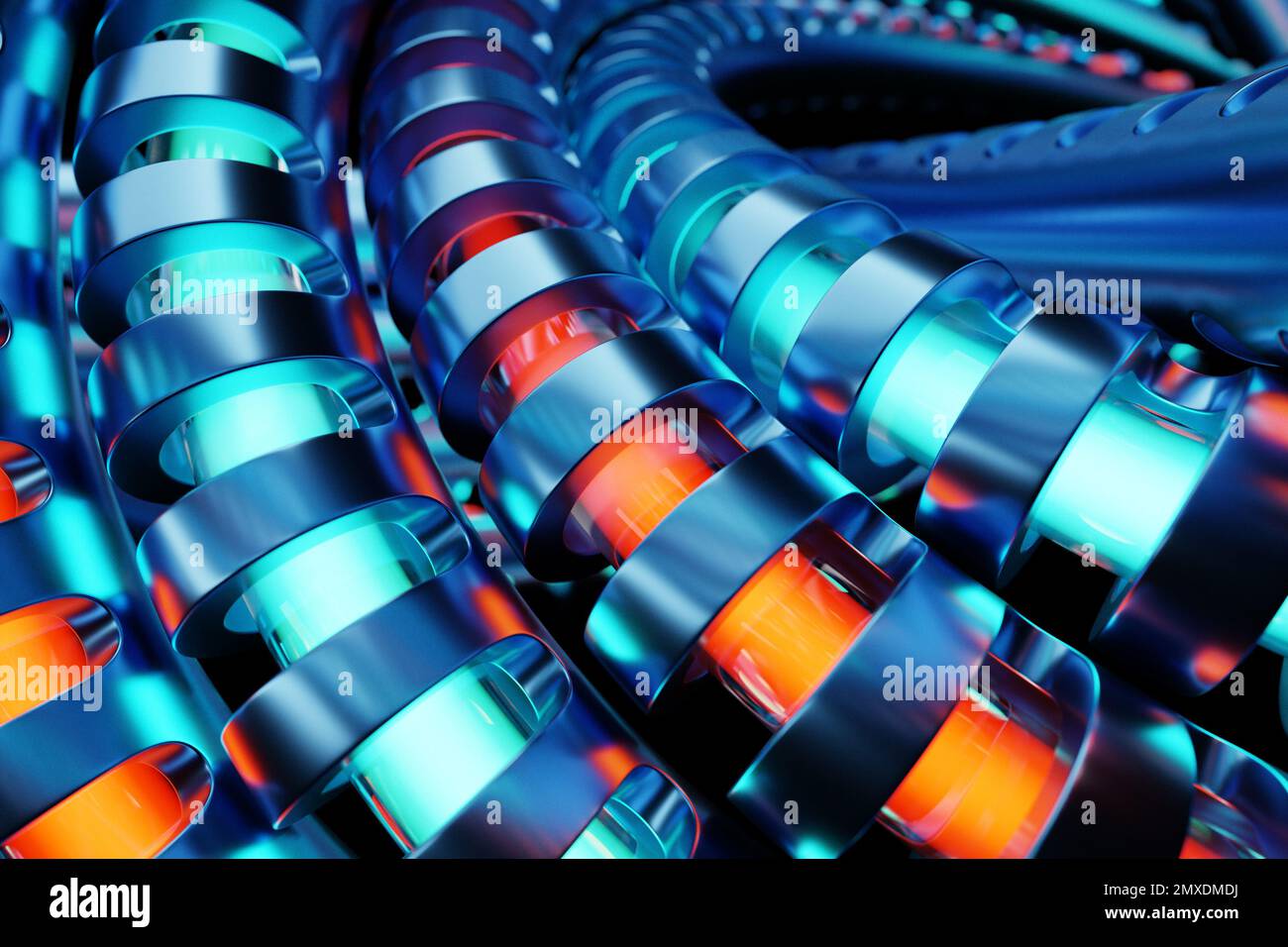 3D rendering abstract blue metal round fractal, portal. round spiral on ...