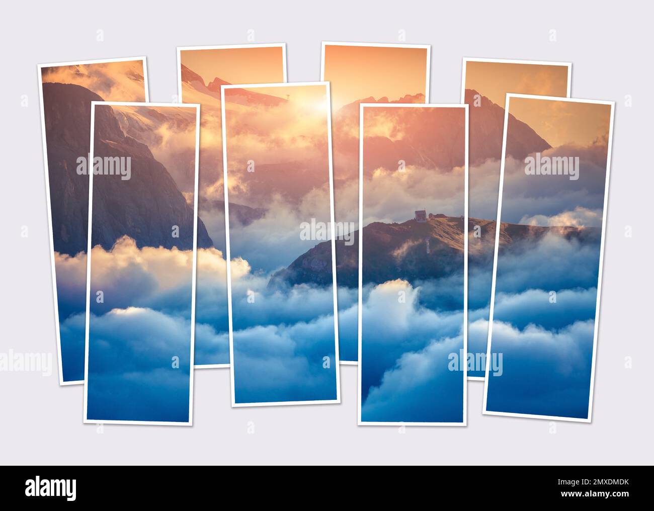Isolated eight frames collage of picture of foggy Val di Fassa valley ...