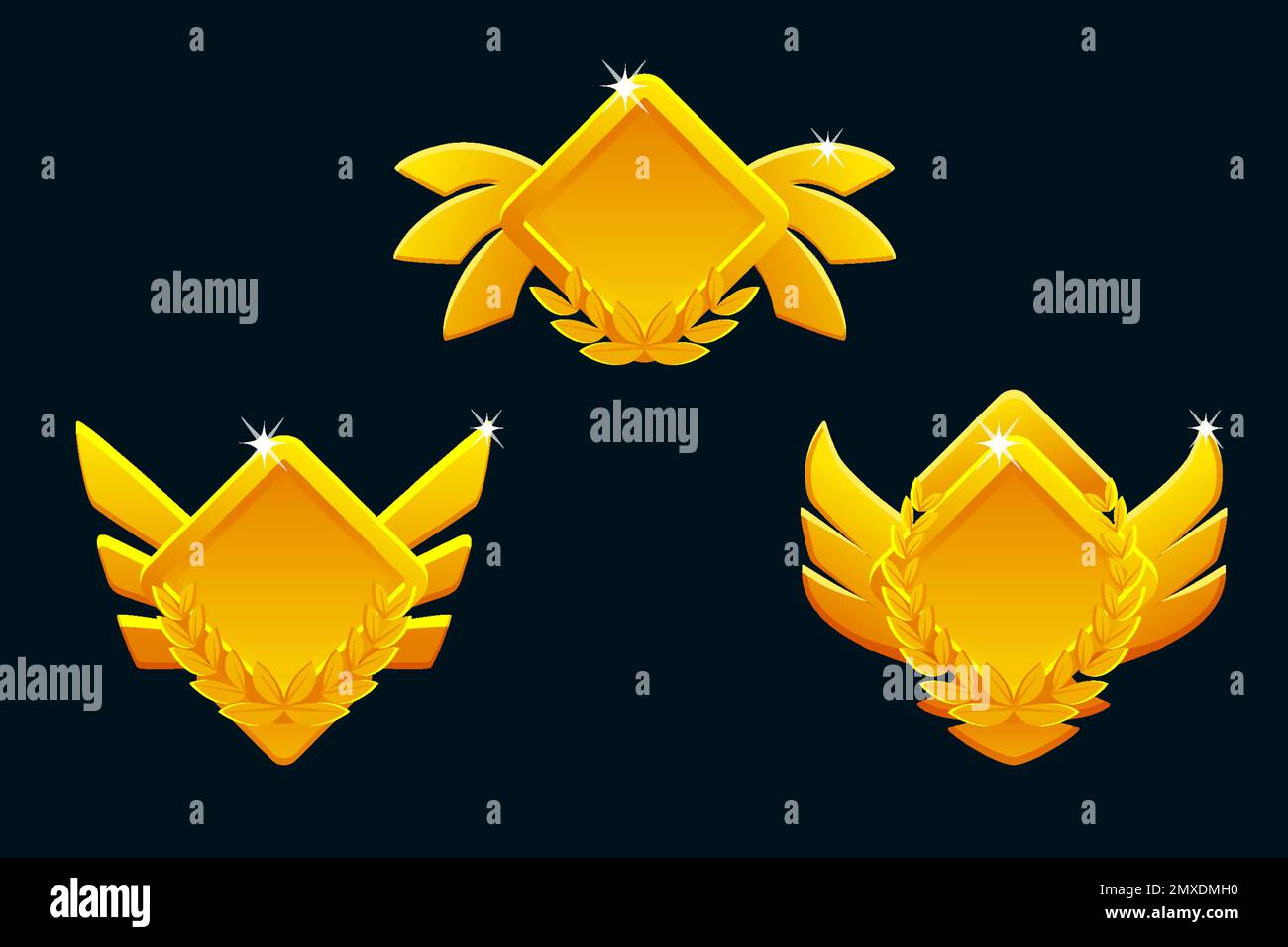 Golden game rank icons isolated. Game badges buttons in rhombus frame ...