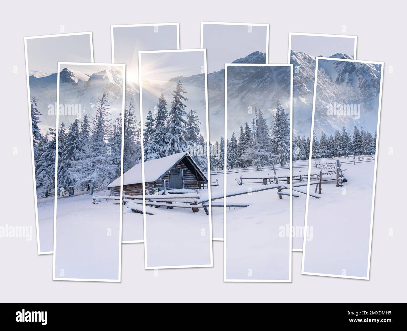 Isolated eight frames collage of picture of abandoned mountain village ...