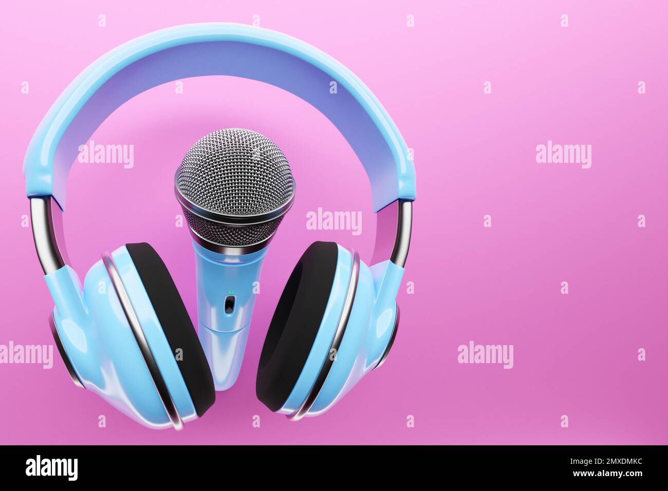 Blue microphone with wireless headphones on pink background Stock Photo ...