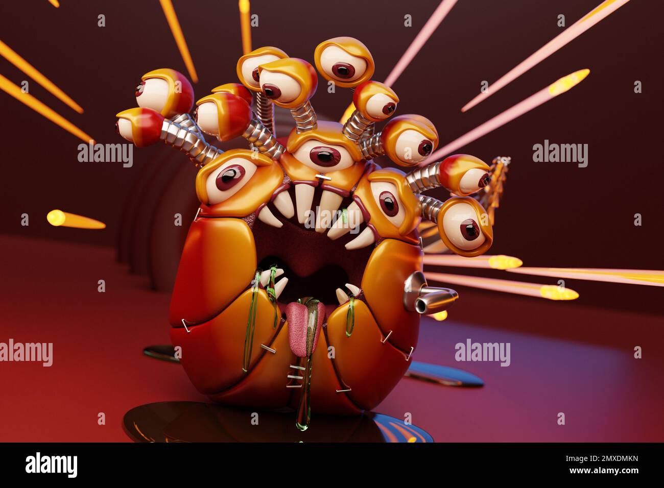 3D illustration of a scary orange monster quickly creeps along the ...