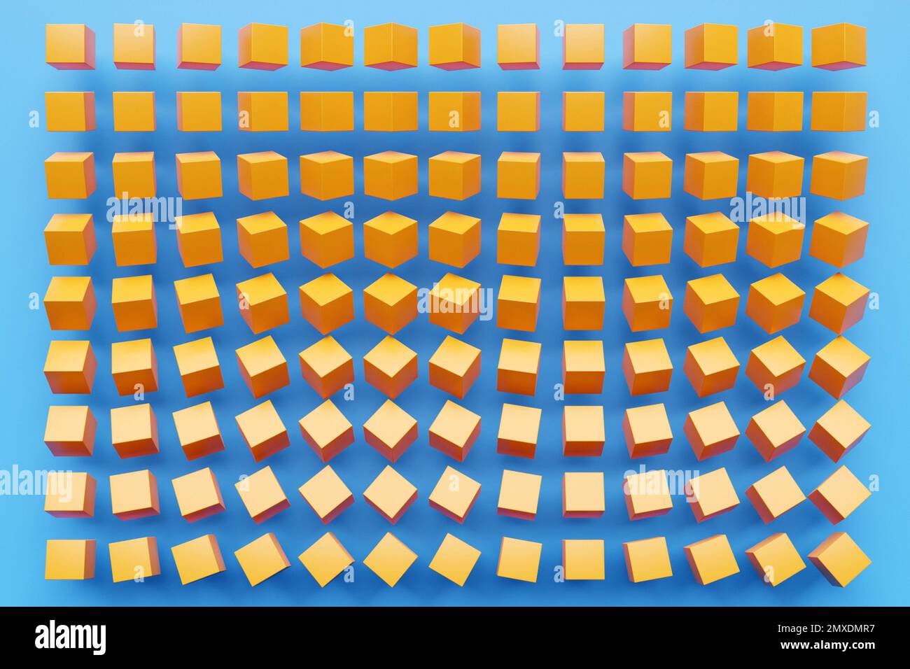 3D illustration volumetric yellow cubes flying on a geometric ...