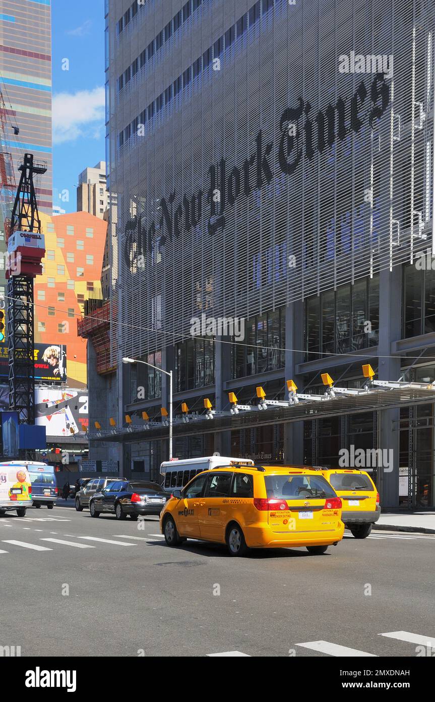 New York Times Tower designed by Renzo Piano, featuring yellow taxis ...