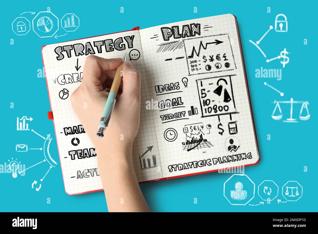 Strategic planning concept. Woman drawing scheme in notebook on blue ...