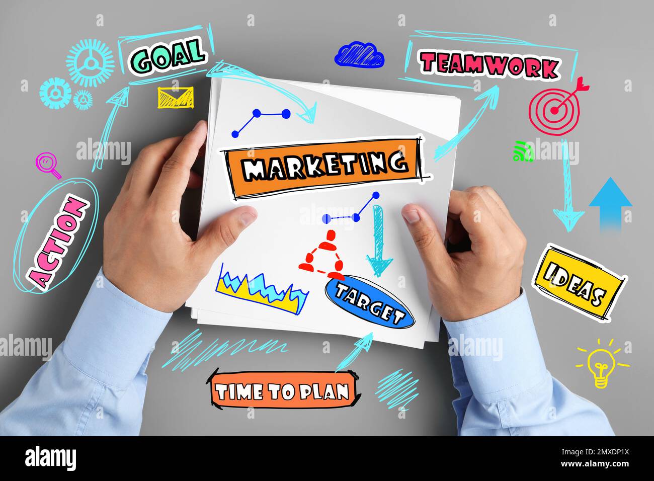 Strategic planning concept. Scheme and man with sheets of paper on grey ...