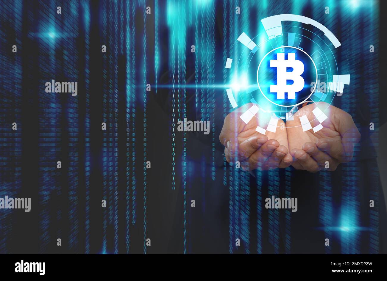 Fintech concept. Binary code and man demonstrating scheme with bitcoin ...