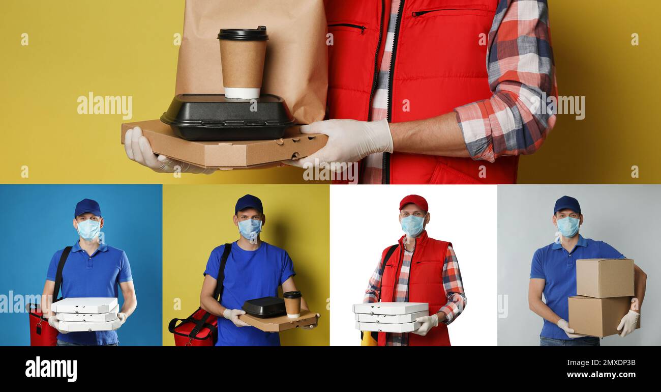 Collage with photos of courier in protective mask holding orders and ...