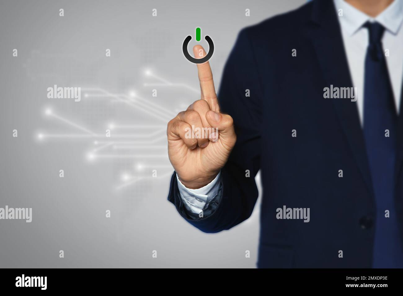 Man pressing power button on virtual screen, closeup Stock Photo - Alamy