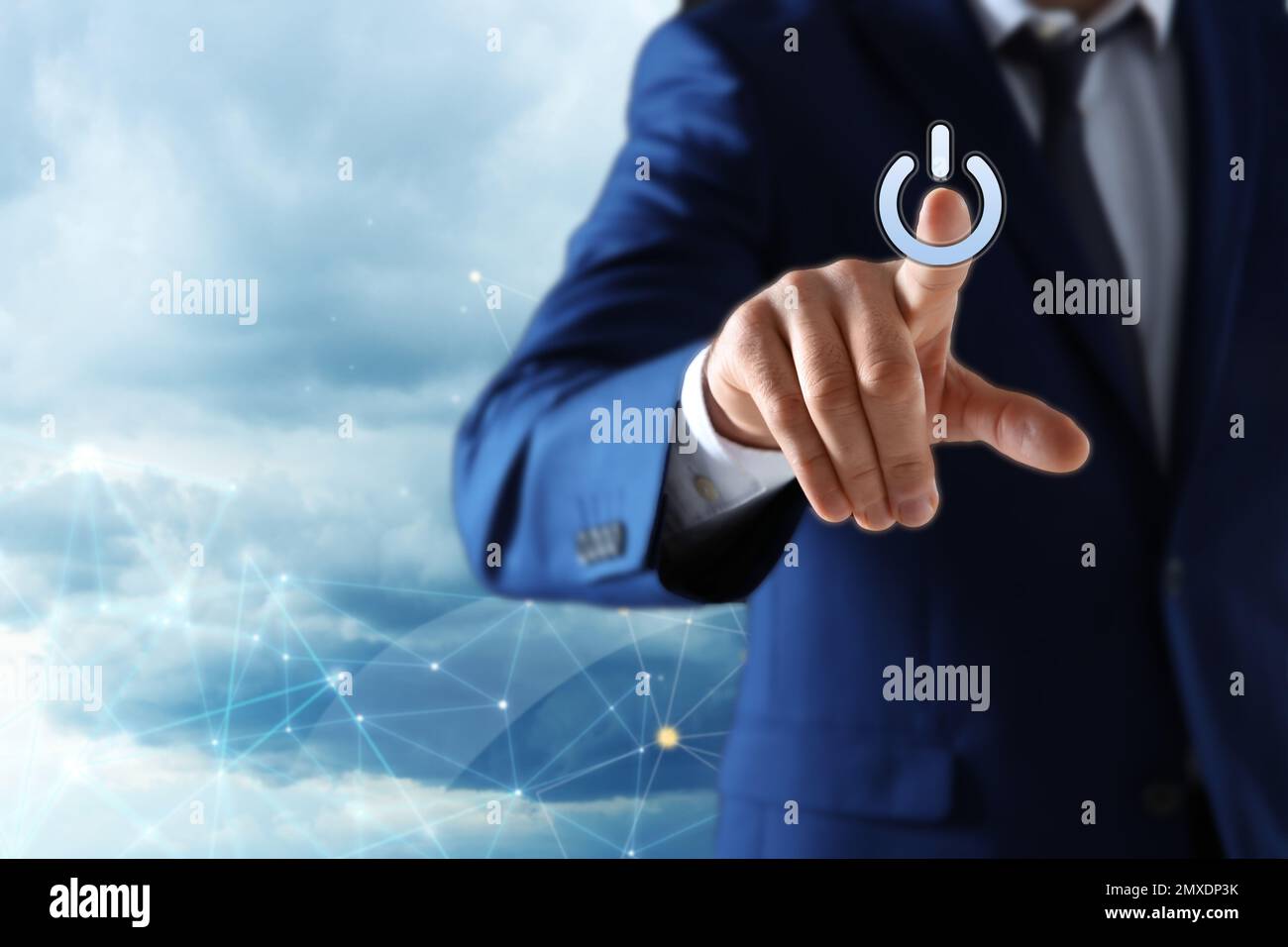 Man pressing power button on virtual screen, closeup Stock Photo - Alamy