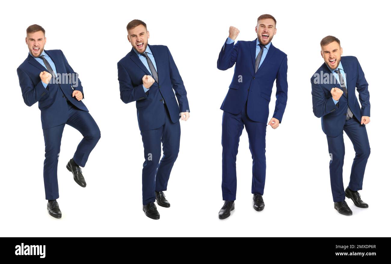 Collage with photos of happy man celebrating victory on white ...