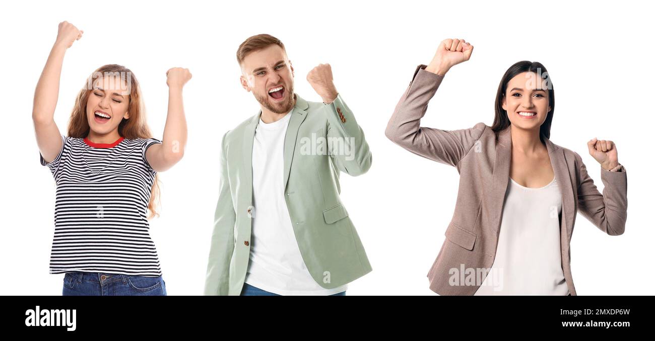 Collage with photos of happy people celebrating victory on white ...