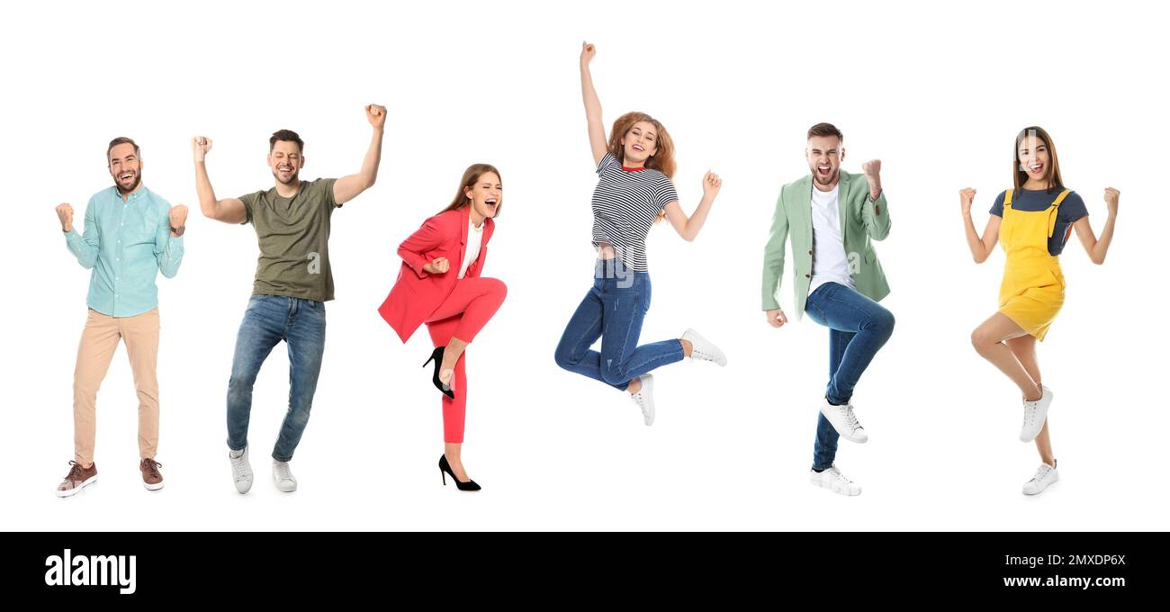 Collage with photos of happy people celebrating victory on white ...