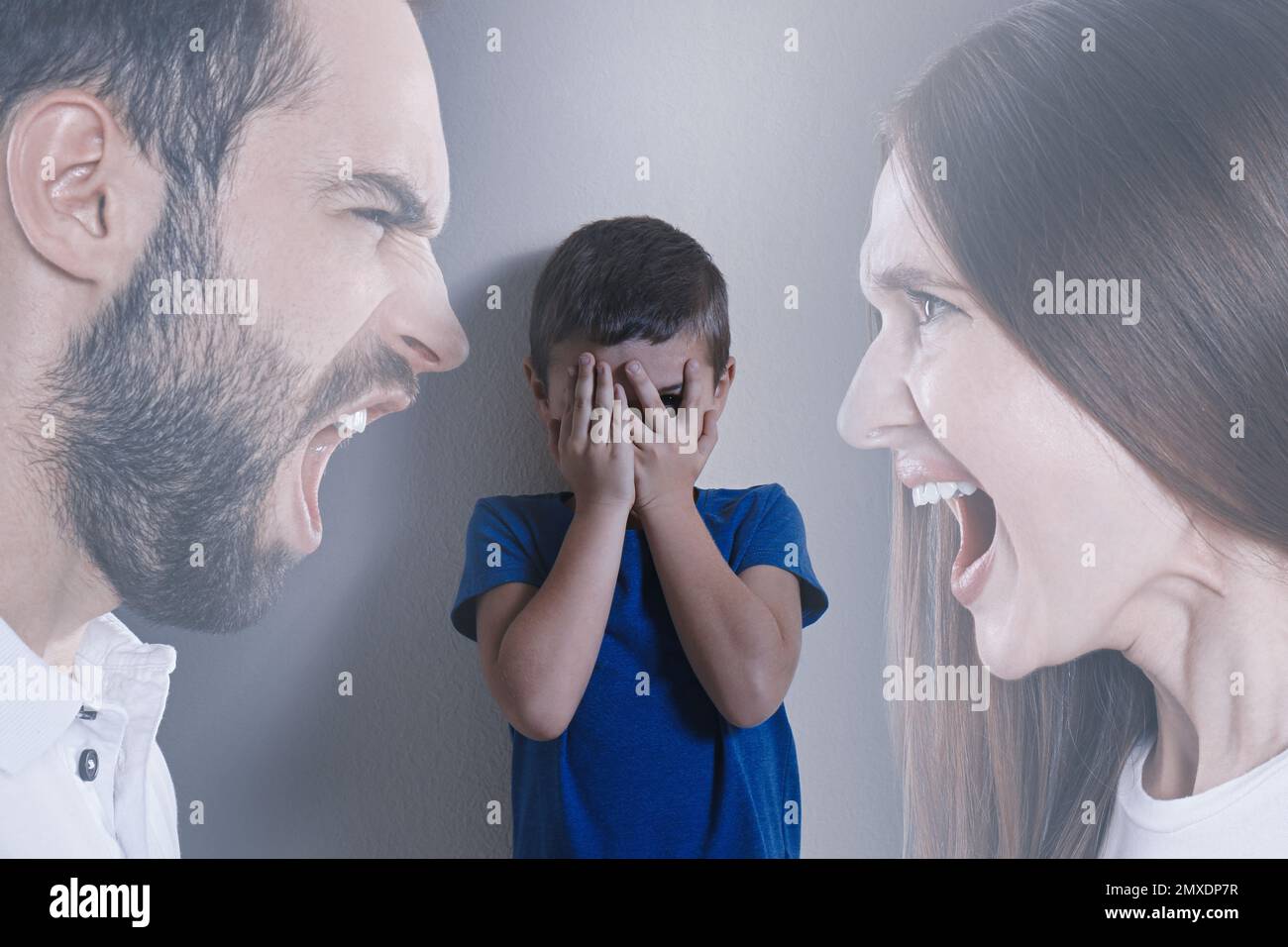 Double exposure of sad little boy and his arguing parents Stock Photo ...