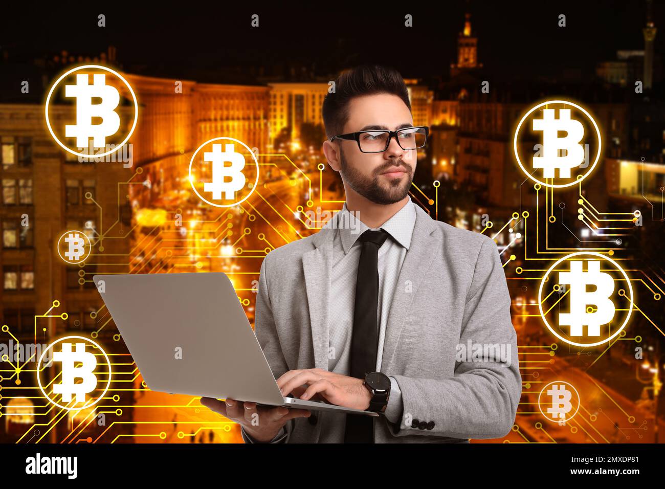 Fintech concept. Scheme with bitcoin symbols and businessman using ...