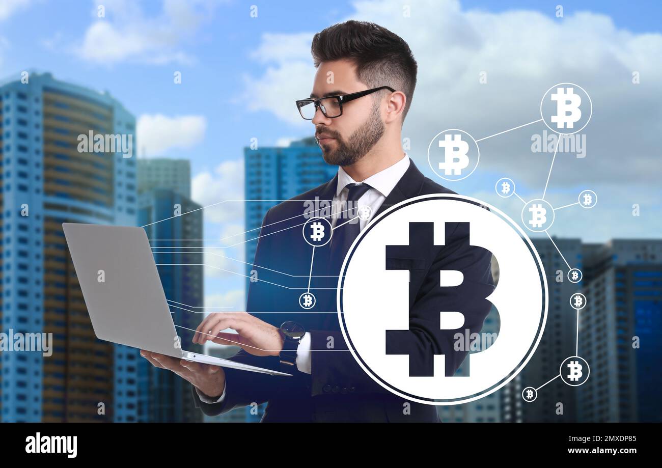 Fintech concept. Scheme with bitcoin symbols and businessman using ...