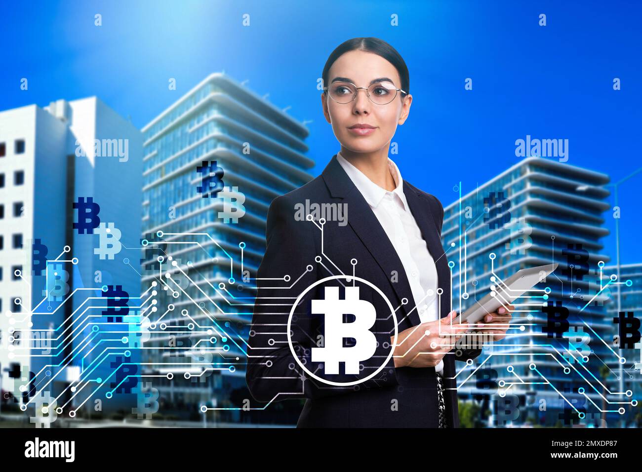 Fintech concept. Scheme with bitcoin symbols and businesswoman using ...