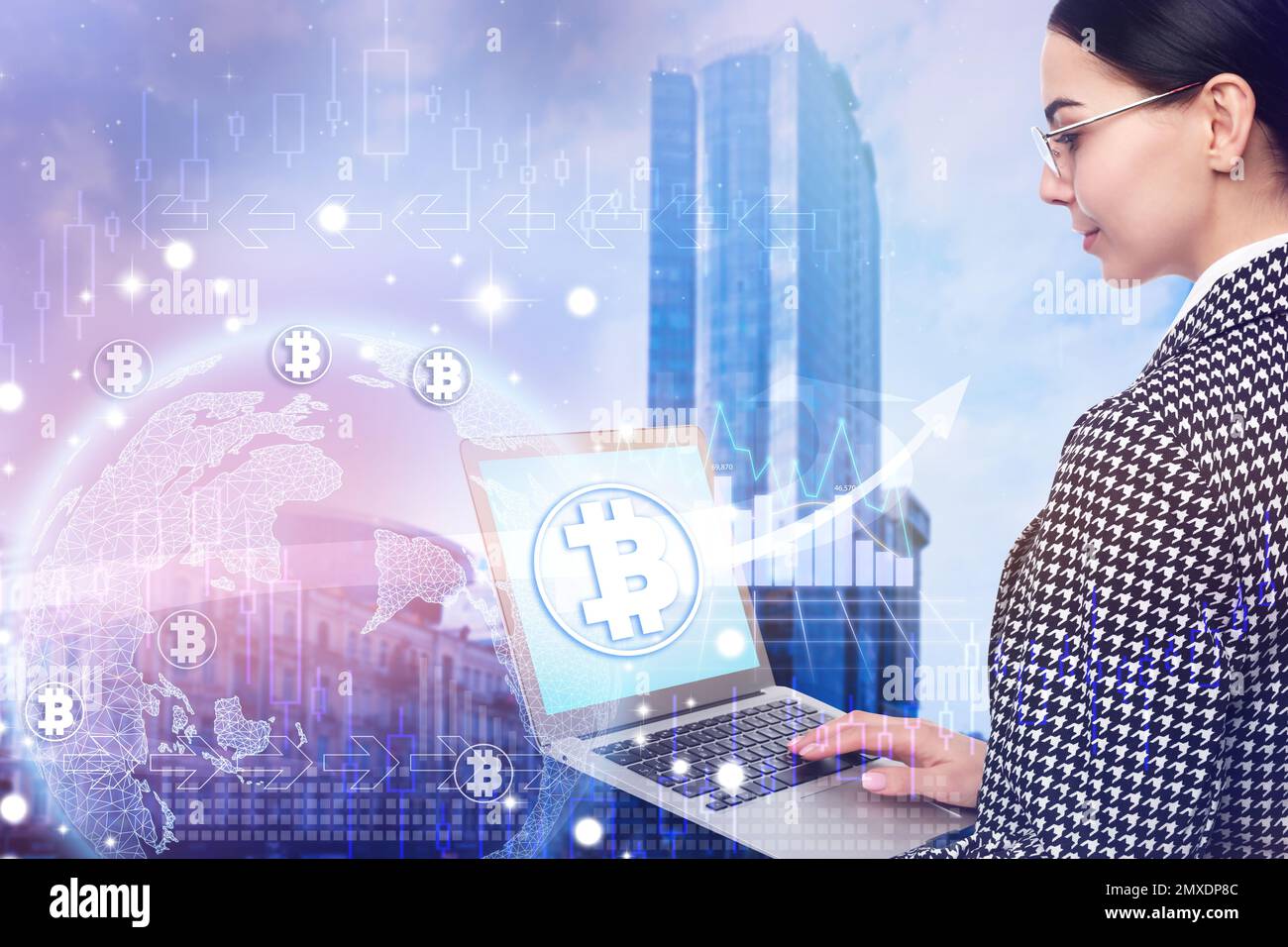 Fintech concept. World globe with bitcoin symbols and businesswoman ...