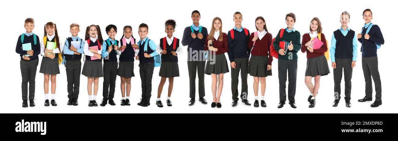 Children in school uniforms on white background. Banner design Stock ...