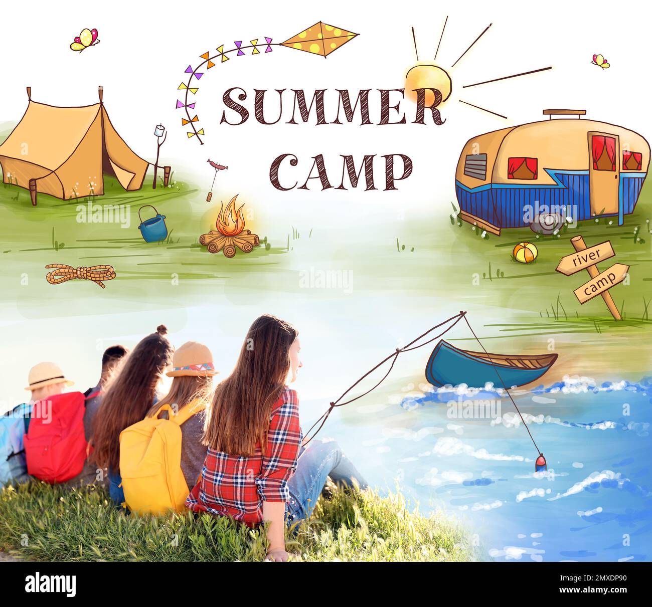 Children at summer camp. Illustrations on background Stock Photo - Alamy