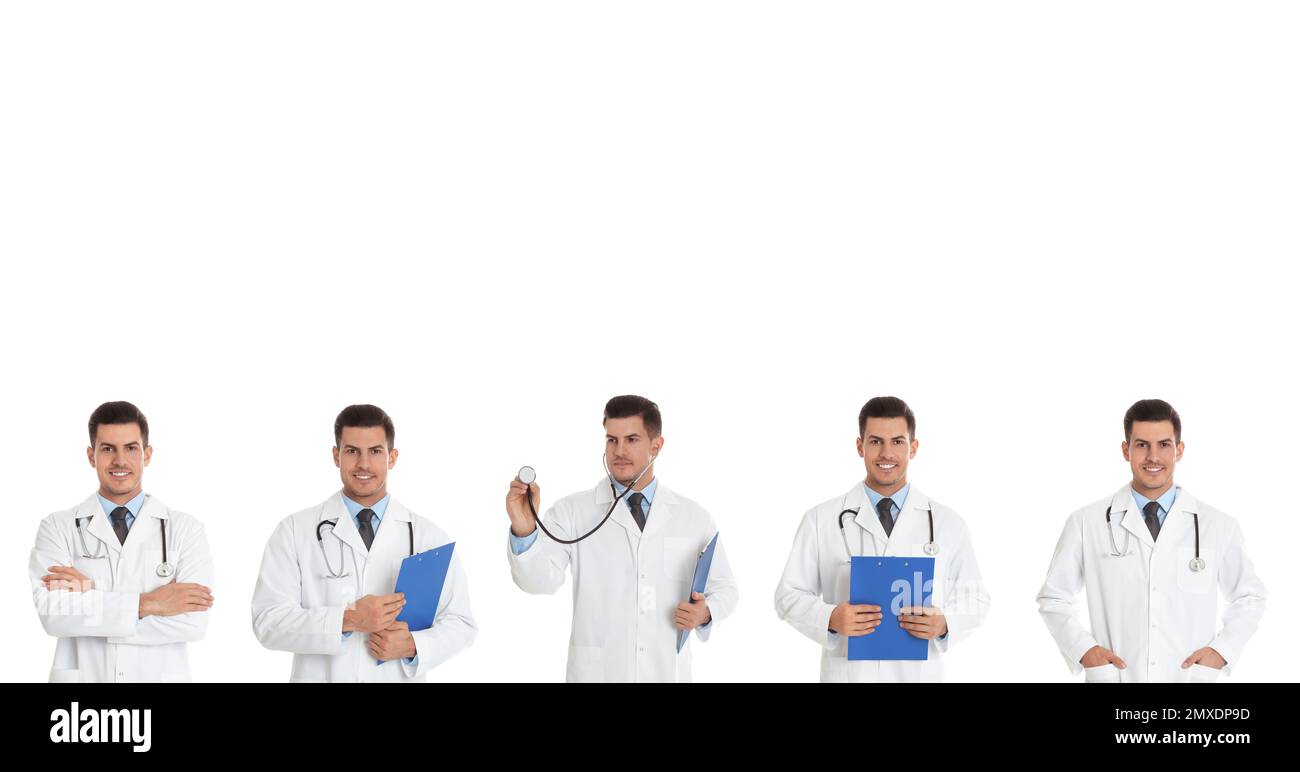 Collage with photos of doctor on white background, banner design Stock ...