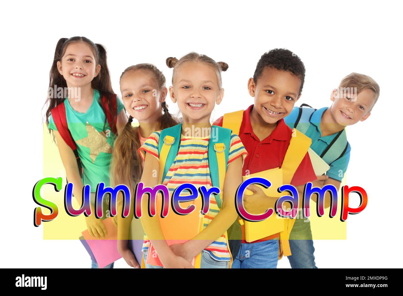 Group of little children with backpacks on white background. Summer ...