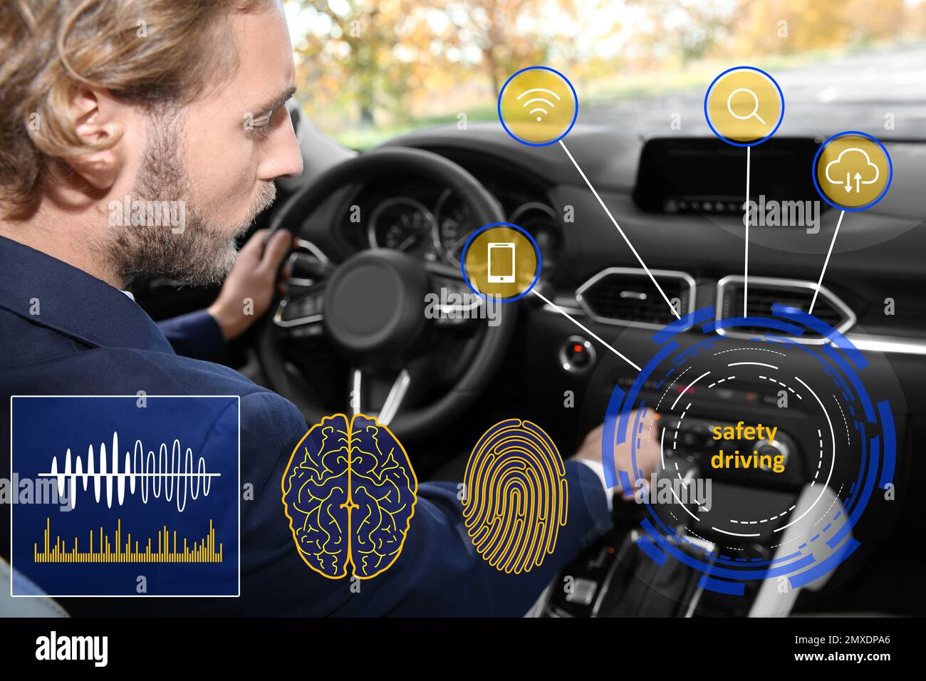 Car safety. Young man driving modern auto Stock Photo - Alamy