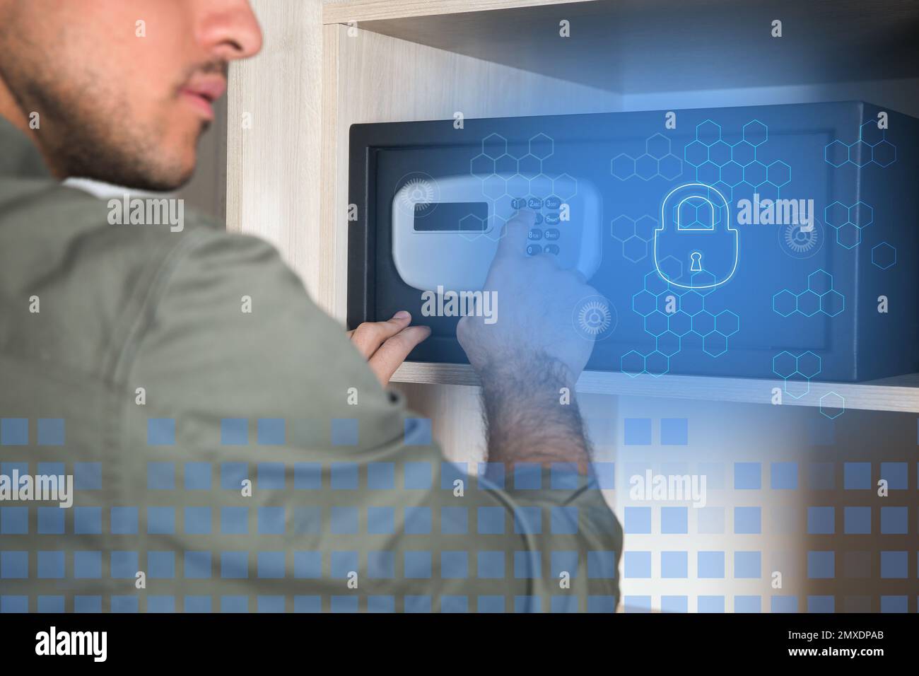 Man opening black steel safe with electronic lock, closeup Stock Photo ...