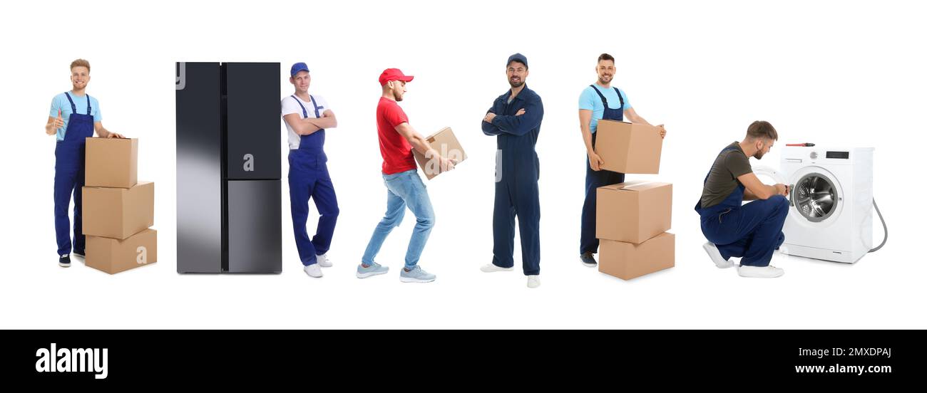 Collage with photos of workers carrying appliances and cardboard boxes ...