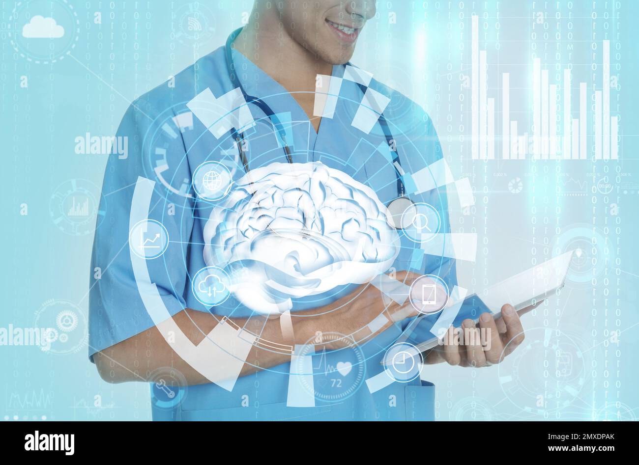 Double exposure of doctor using tablet and artificial intelligence ...