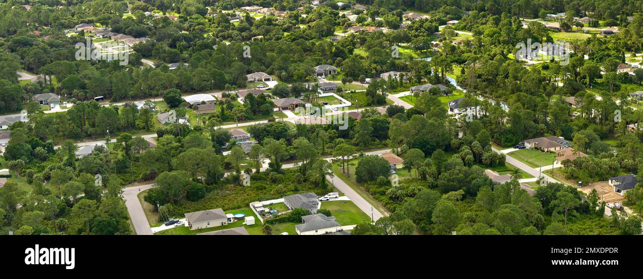 Aerial landscape view of suburban private houses between green palm ...