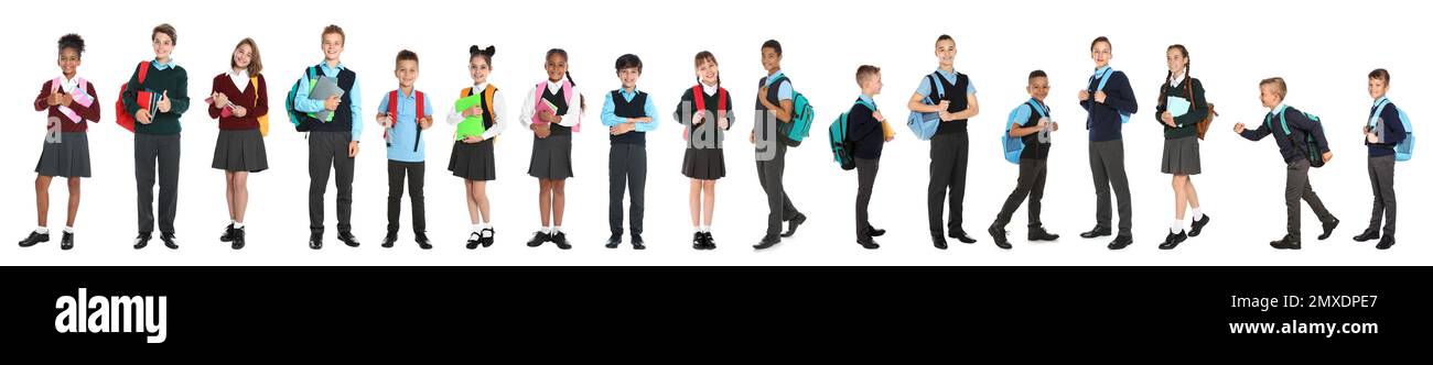 Children in school uniforms on white background. Banner design Stock ...